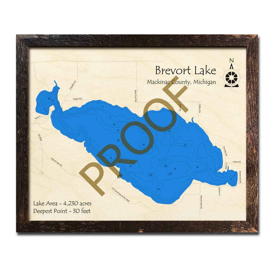 Brevort Lake, MI 3D Wood Topo Map