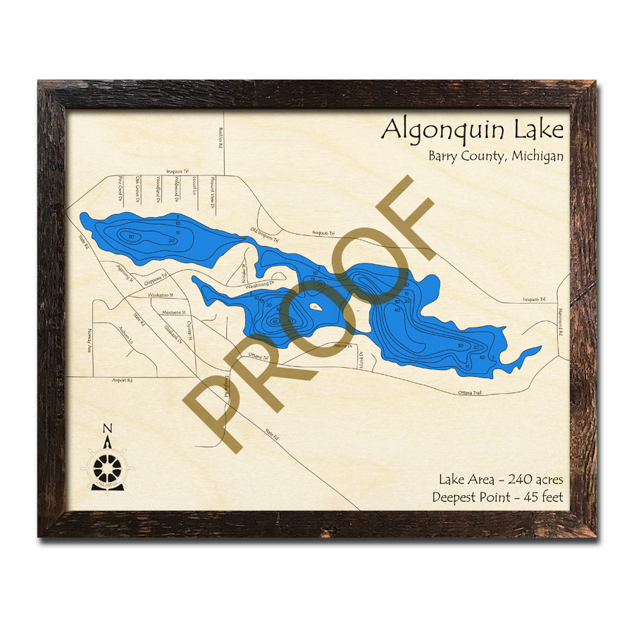 Algonquin Lake, MI 3D Wood Topo Map