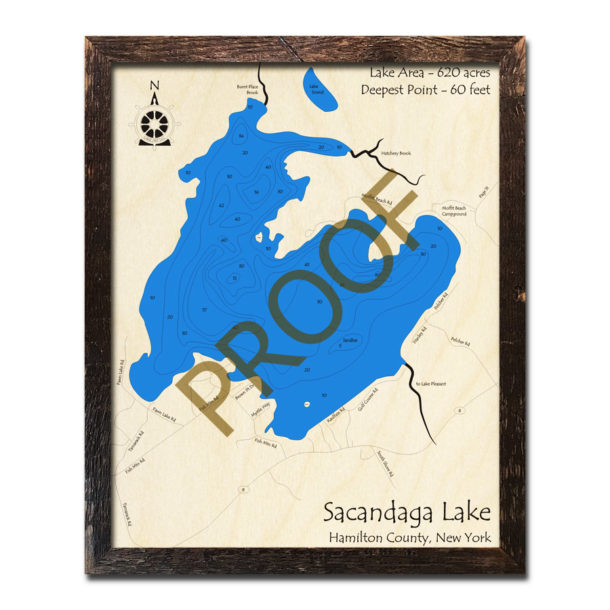Sacandaga Lake, NY 3D Wood Topo Map
