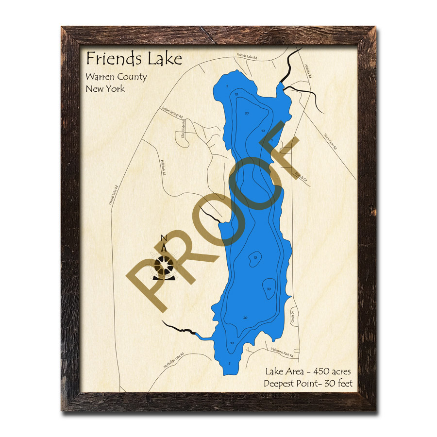 Friends Lake, NY 3D Wood Topo Map