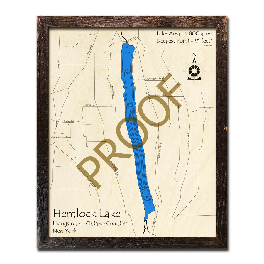 Hemlock Lake, NY 3D Wood Topo Map