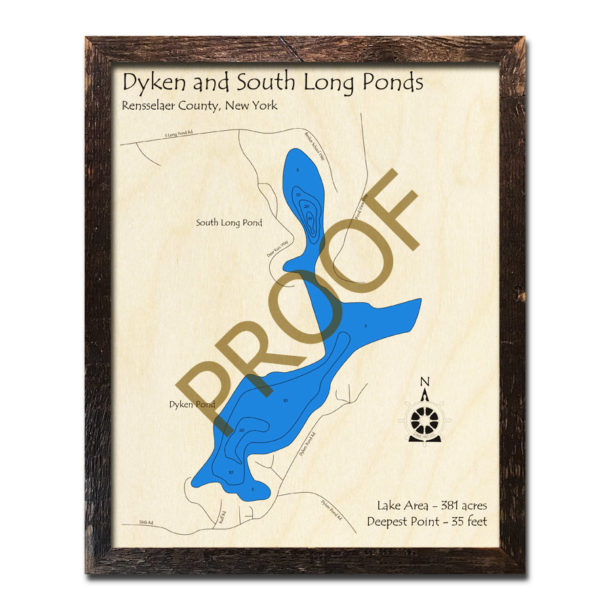 Dyken Pond, NY 3D Wood Topo Map