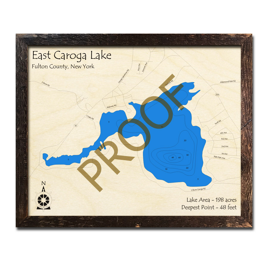 Caroga Lake (East), NY 3D Wood Topo Map