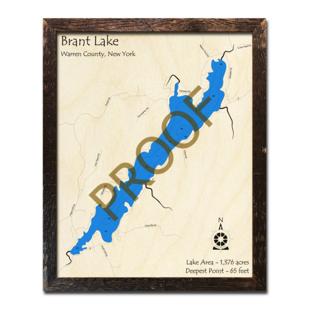 Brant Lake, NY 3D Wood Topo Map