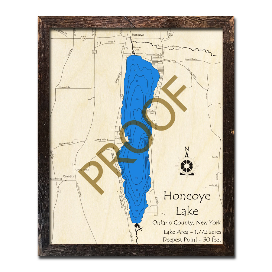 Honeoye Lake, NY 3D Wood Topo Map