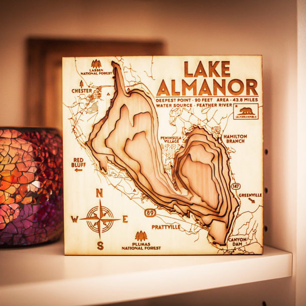 Lake Almanor, CA Wood Map | 3D Topographic Wood Chart