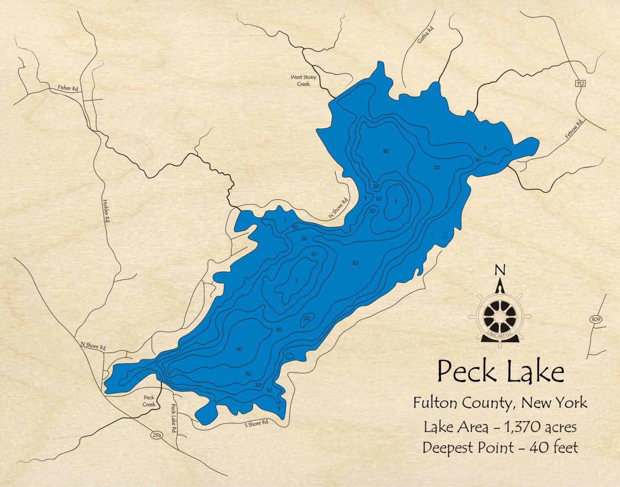 Peck Lake, NY 3D Wood Topo Map
