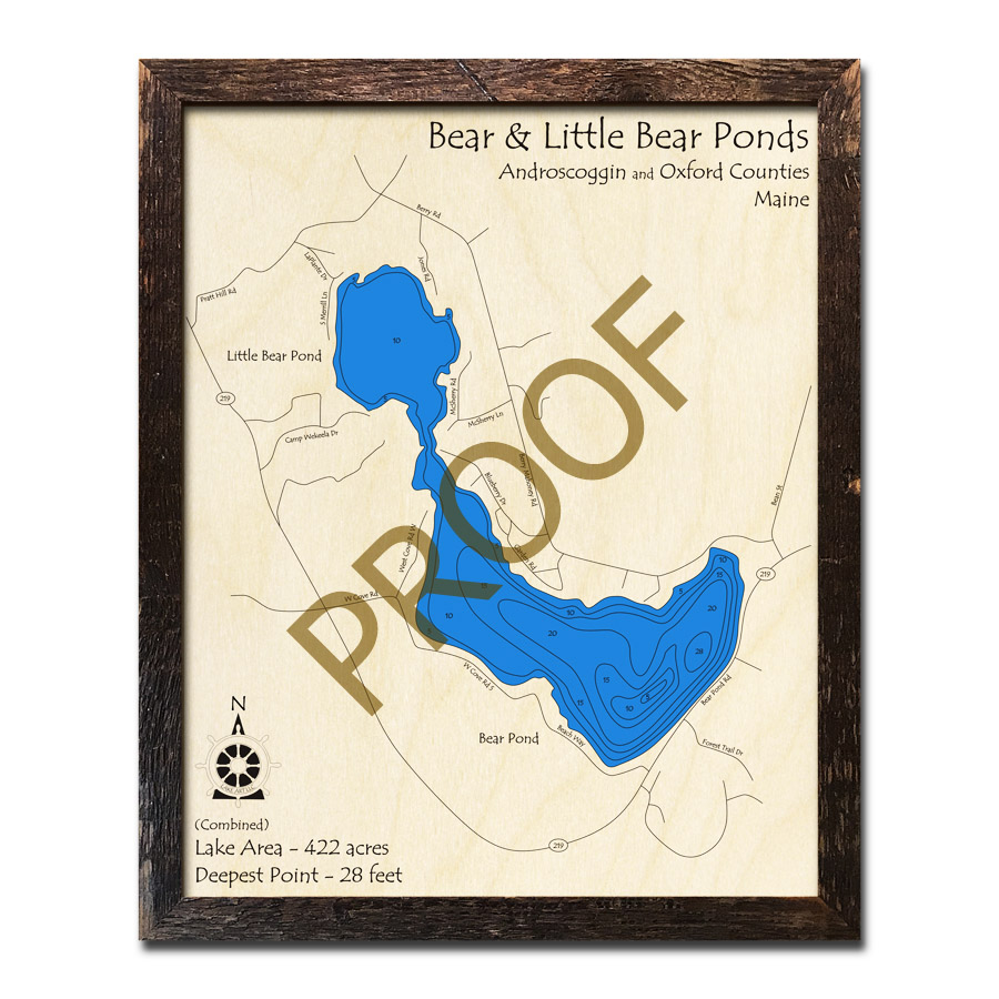 Bear Pond (With Little Bear Pond), ME 3D Wood Topo Map