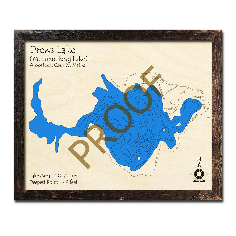 Drews Lake (Meduxnekeag Lake), ME 3D Wood Topo Map