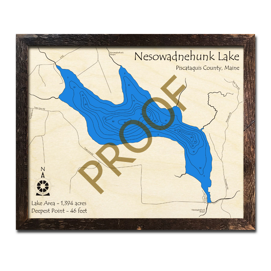 Nesowadnehunk Lake, ME 3D Nautical Wood Maps