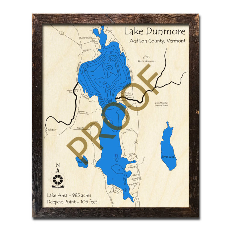 Lake Dunmore, VT 3D Wood Topo Map