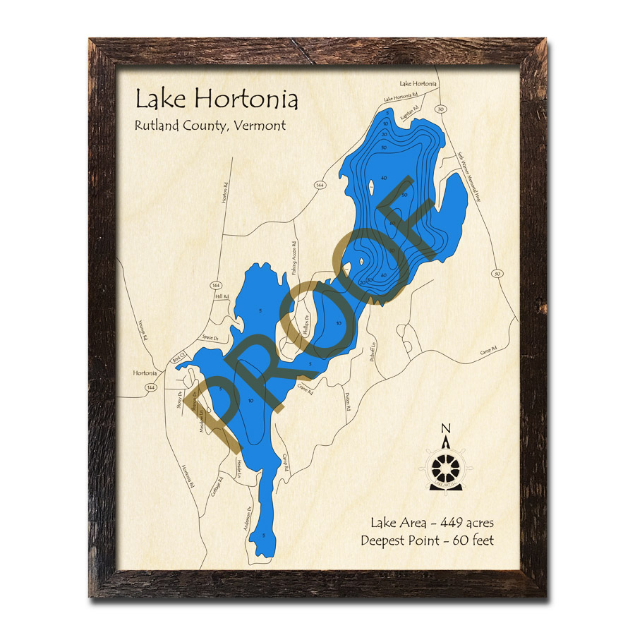 Lake Hortonia, VT 3D Wood Topo Map