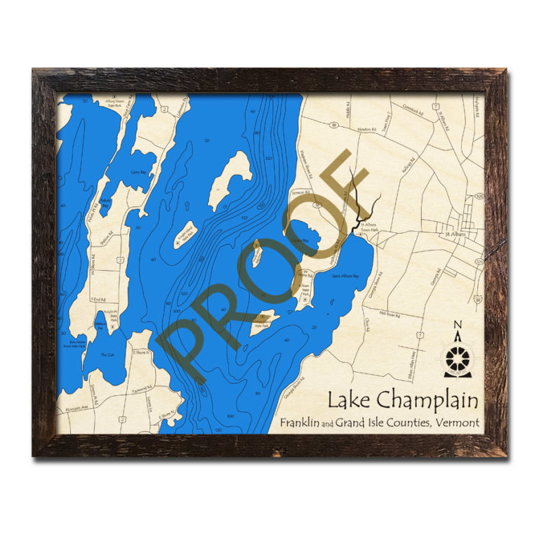 Lake Champlain, VT 3D Wood Topo Map