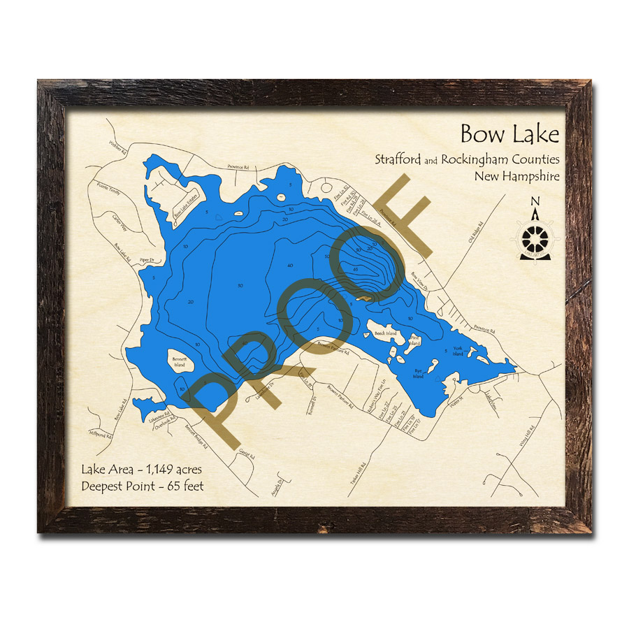 Bow Lake, NH 3D Wood Topo Map