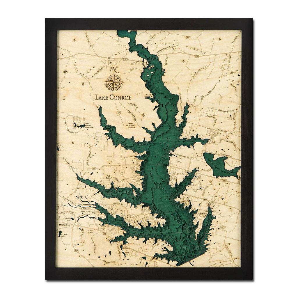 Lake Conroe, TX 3D Wood Map | Framed 3D Topographic Wood Chart