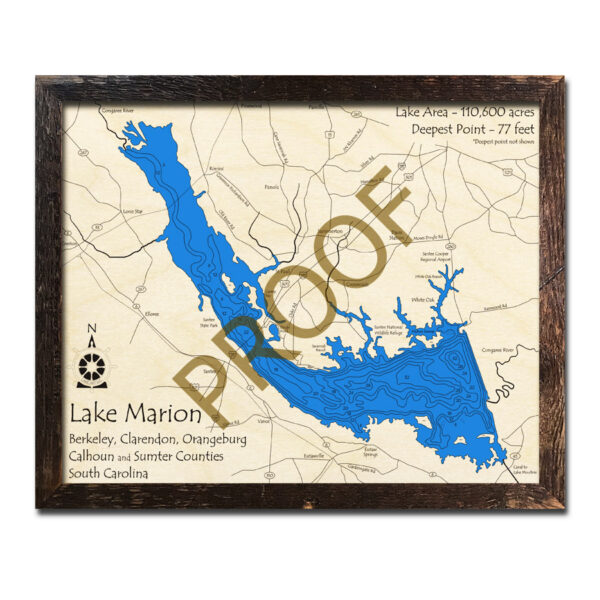 Lake Murray, SC 3D Wood Topo Map