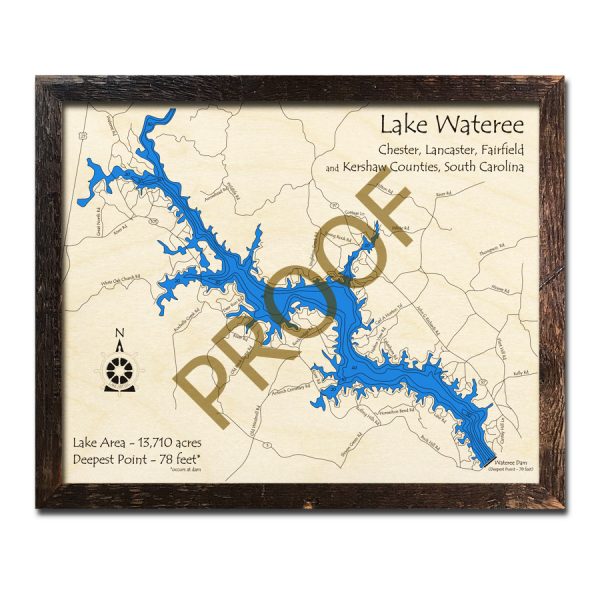 Lake Keowee, SC 3D Wood Topo Map