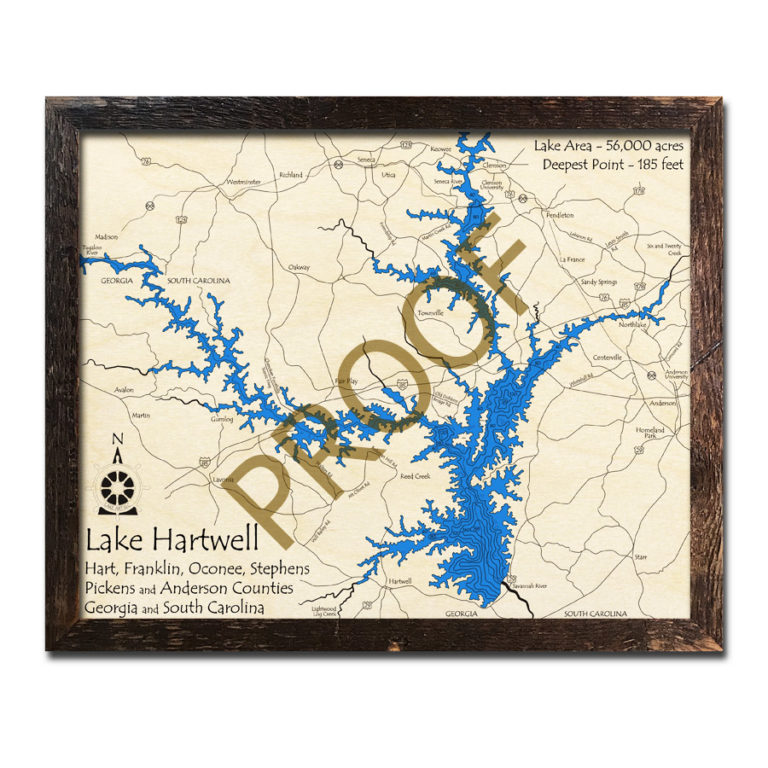 Lake Hartwell, SC Wooden Street Map | Burnt Laser-Cut Wall Map