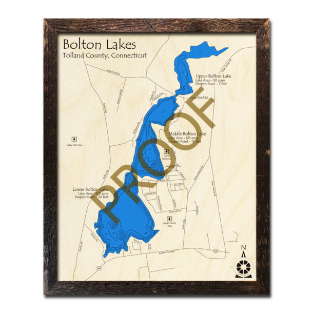 Bolton Lake, CT 3D Wood Maps, Nautical Charts