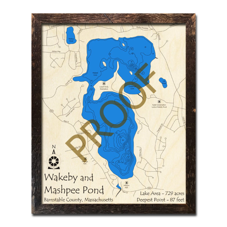 Wakeby Pond (w/ Mashpee Pond), MA 3D Wood Maps