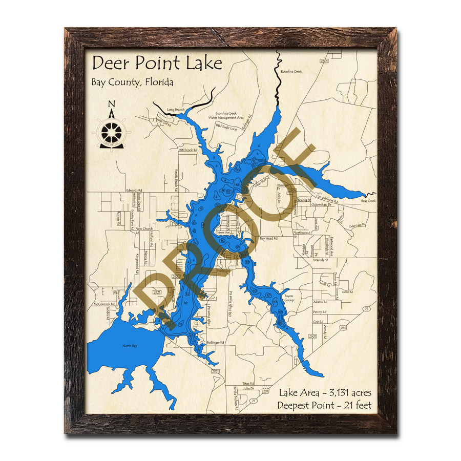 Deer Point Lake, FL Wood Map | 3D Topographic Wood Chart