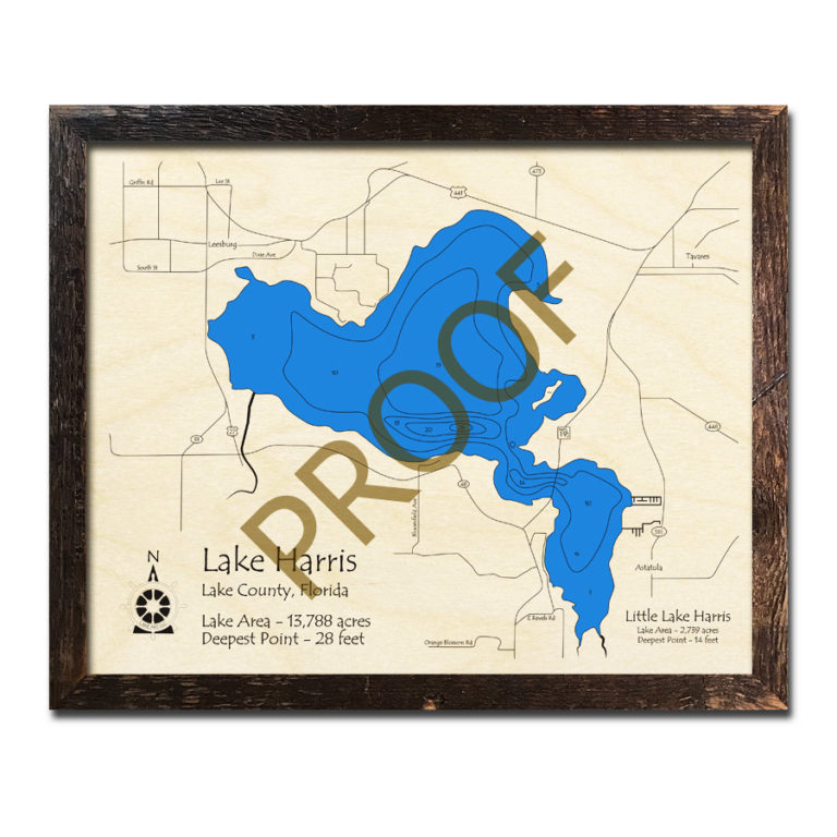 Lake Harris, FL Wood Map | 3D Topographic Wood Chart