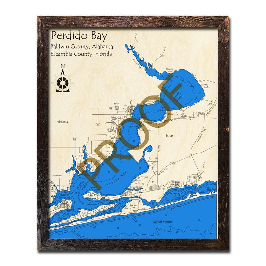 Perdido Bay Wood Map | 3D Topographic Wood Chart