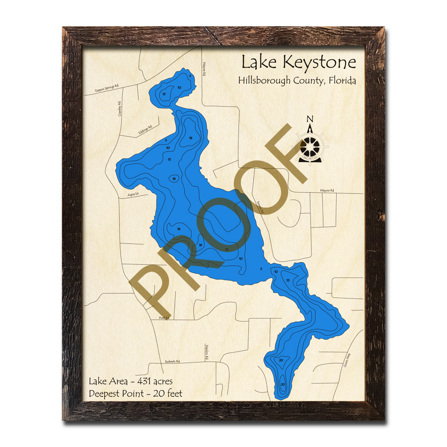 Keystone Lake, FL Wood Map | 3D Topographic Wood Chart