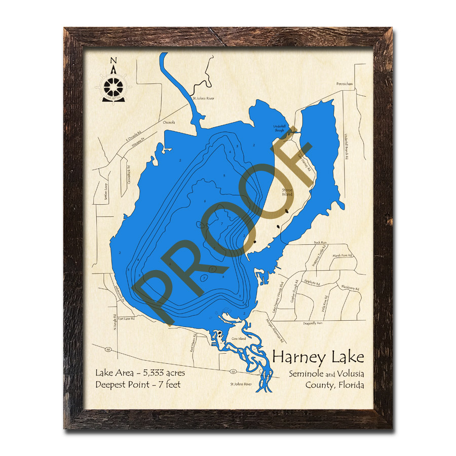 Lake Harney, FL Wood Map | 3D Topographic Wood Chart