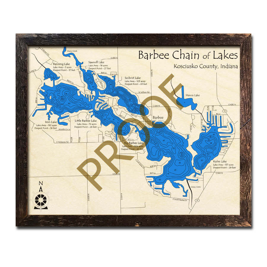 Barbee Chain of Lakes, IN Wood Map | 3D Nautical Wood Charts