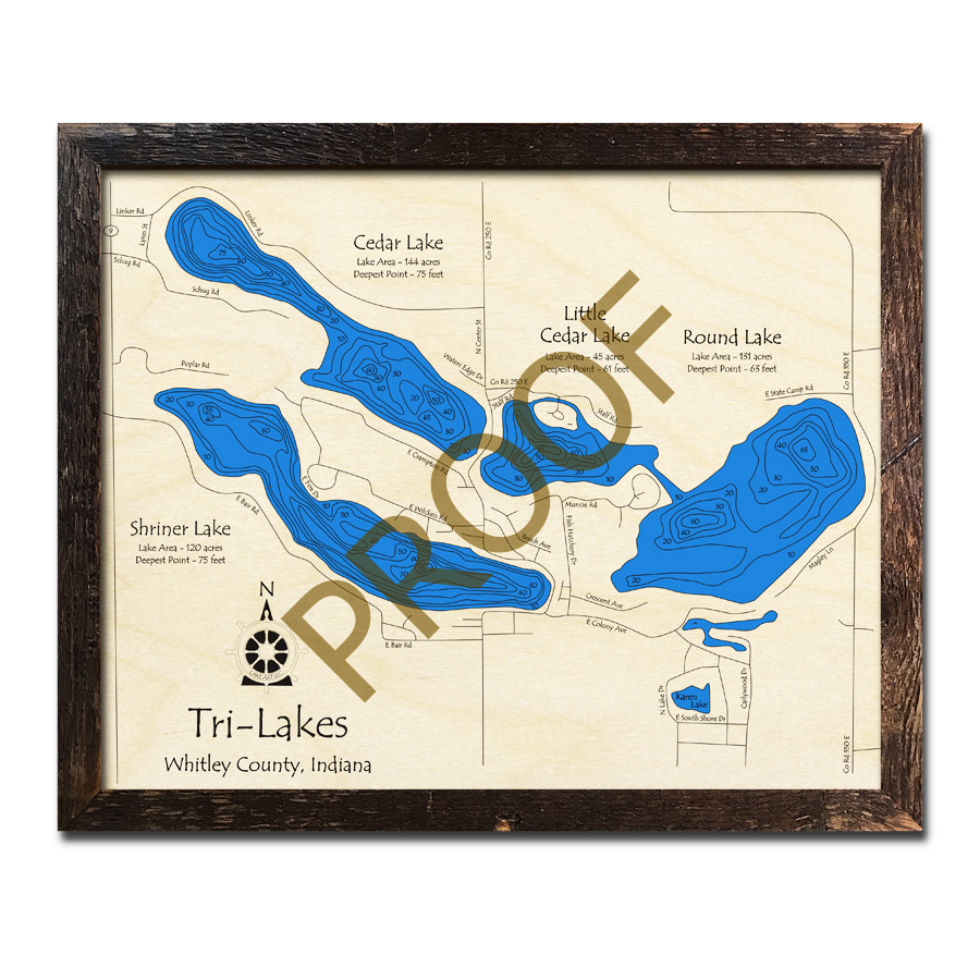 Tri-Lakes, IN Wood Map | 3D Nautical Wood Charts