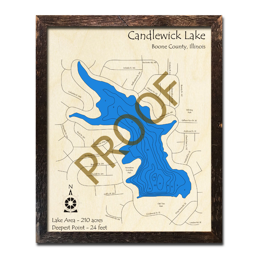 Candlewick Lake, IL Framed Map | 3D Nautical Wood Charts