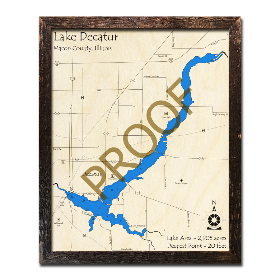 Lake Decatur, IL Framed Map | 3D Nautical Wood Charts