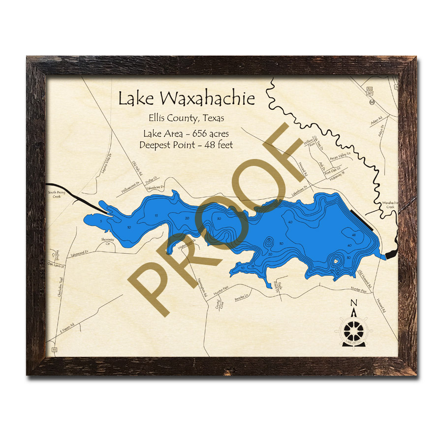 Lake Waxahachie, Texas 3D Wooden Map | Topographic Wood Chart