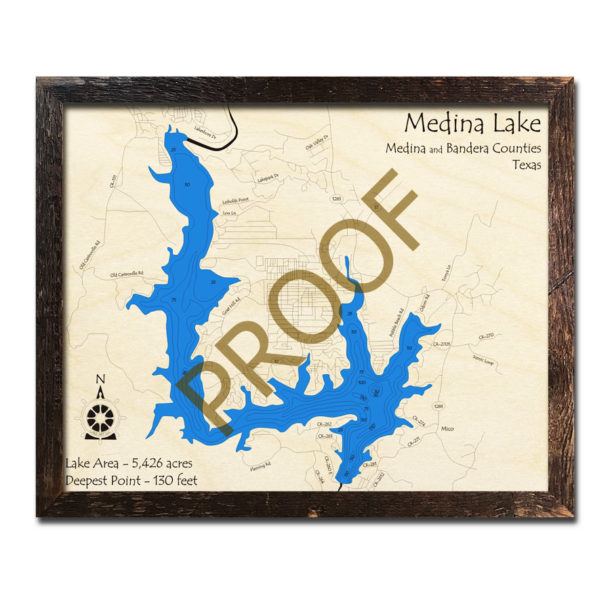 Medina Lake, Texas 3D Wooden Map | Topographic Wood Chart