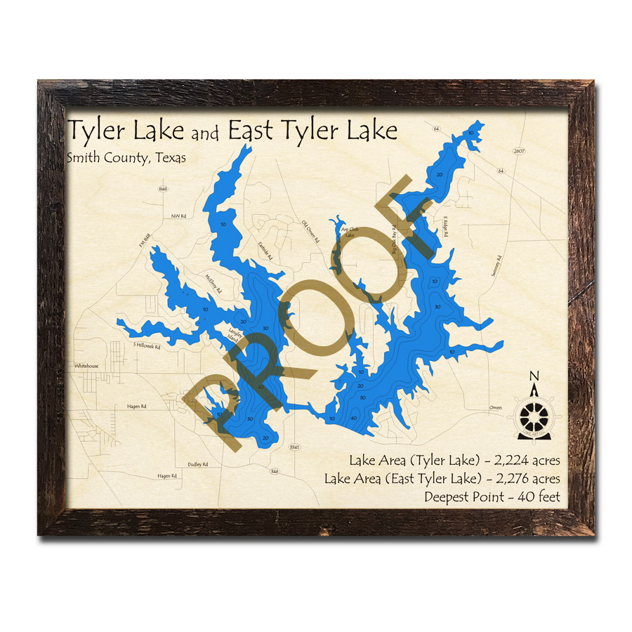 Tyler Lake, Texas 3D Wooden Map | Topographic Wood Chart