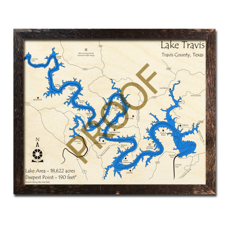 Lake Travis, Texas 3D Wooden Map | Topographic Wood Chart