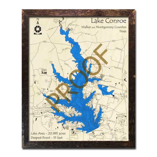 Lake Conroe, Texas 3D Wooden Map | Framed Topographic Wood Chart