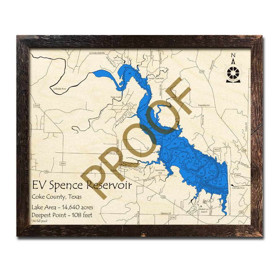 EV Spence Reservoir, Texas 3D Wooden Map | Framed Topographic Wood Chart