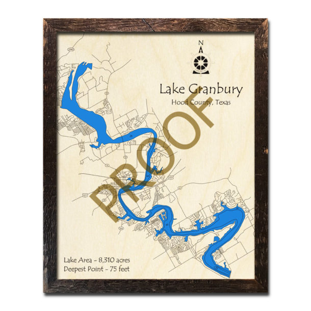 Lake Granbury, Texas 3D Wooden Map | Framed Topographic Wood Chart