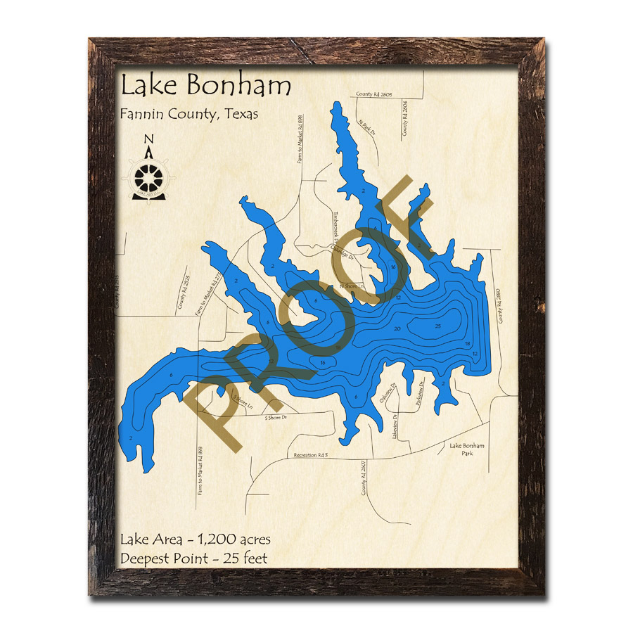 Lake Bonham, Texas 3D Wooden Map | Framed Topographic Wood Chart