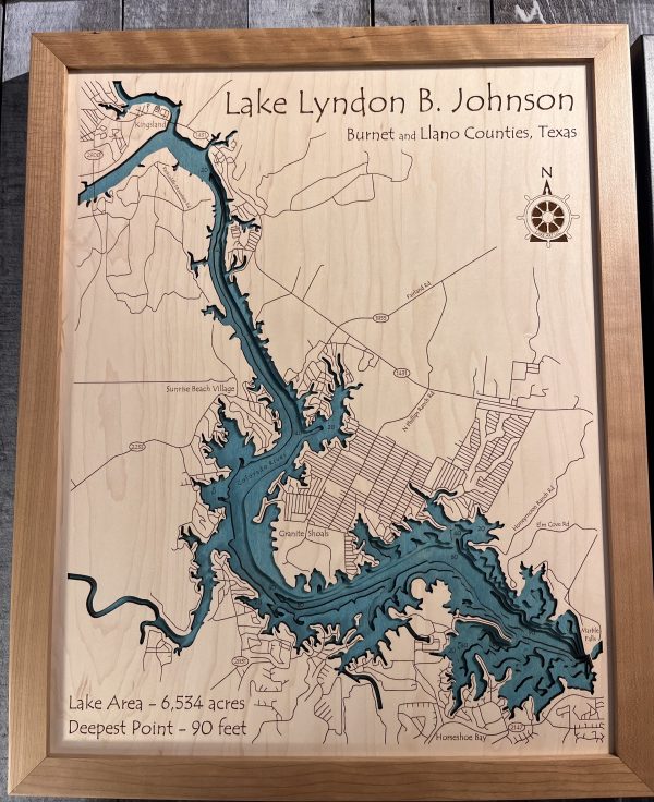 Lake Lyndon B Johnson, TX 3D Wooden Map | Topographic Wood Chart