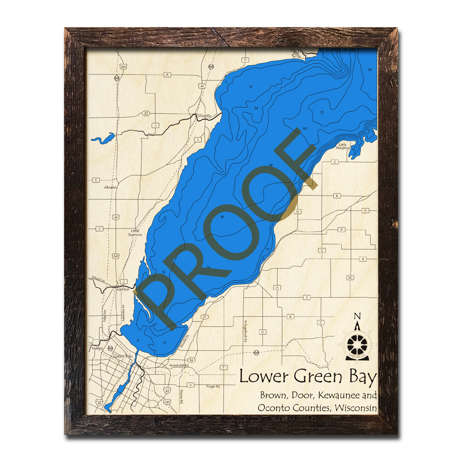 Lower Green Bay, WI Wood Map | 3D Nautical Wood Charts