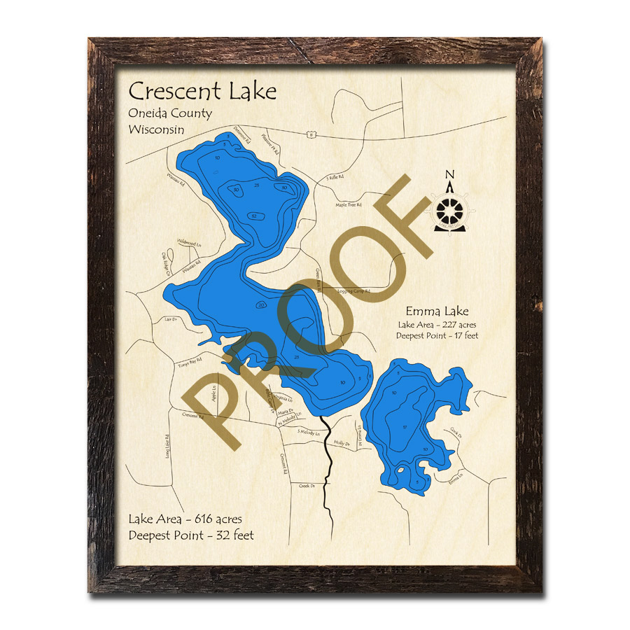Crescent Lake, WI Wood Map | 3D Nautical Wood Charts