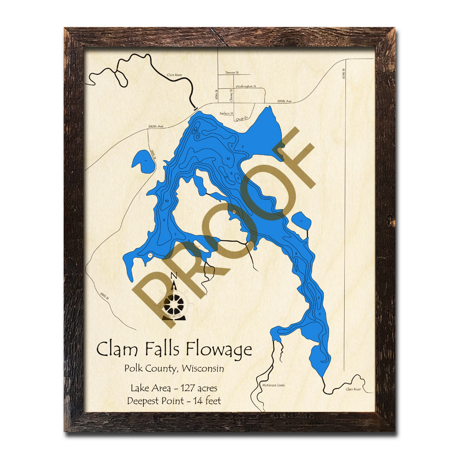 Clam Falls Flowage, WI Wood Map | 3D Nautical Wood Charts