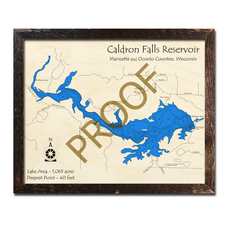 Caldron Falls Reservoir, WI Wood Map | 3D Nautical Wood Charts
