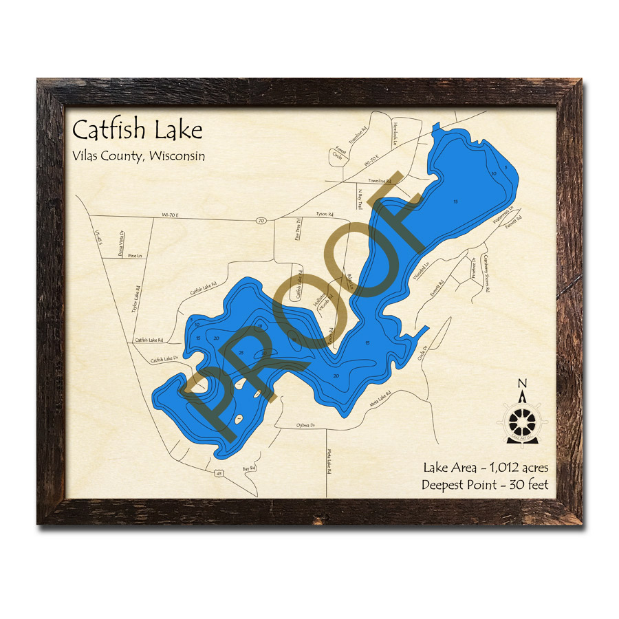Catfish Lake, WI Wood Map | 3D Nautical Wood Charts
