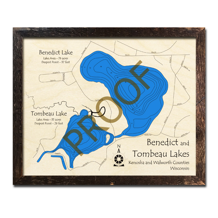 Benedict and Tombeau Lakes, WI Wood Map | 3D Nautical Wood Charts