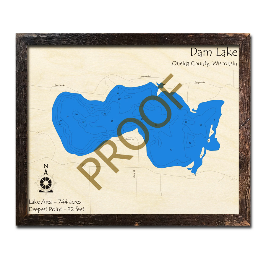 Dam Lake, WI Wood Map | 3D Nautical Wood Charts