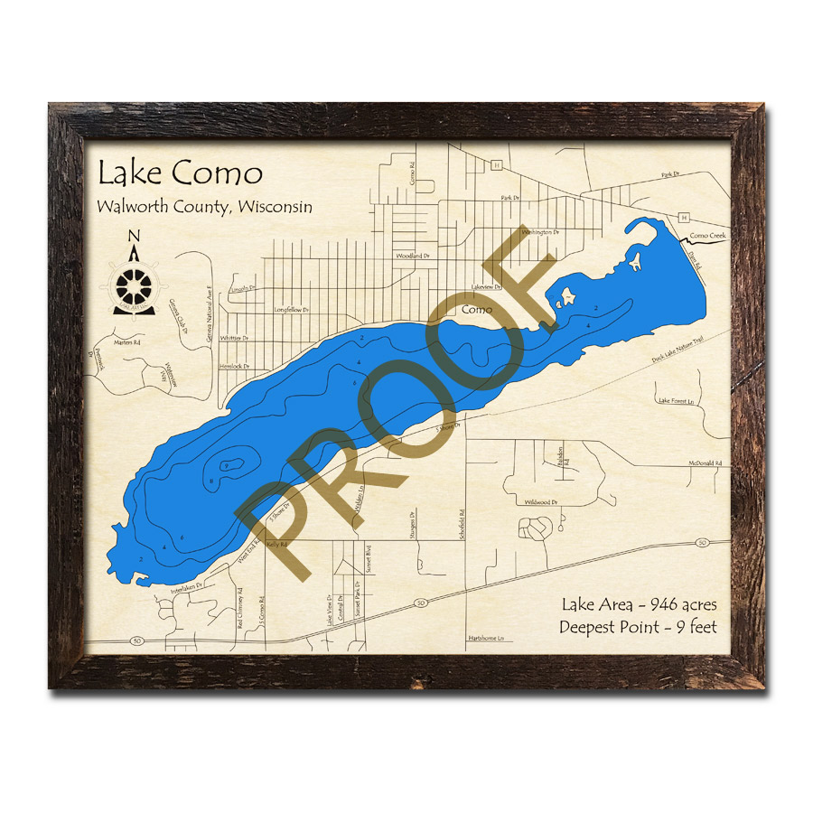 Lake Como, WI Wood Map | 3D Nautical Wood Charts